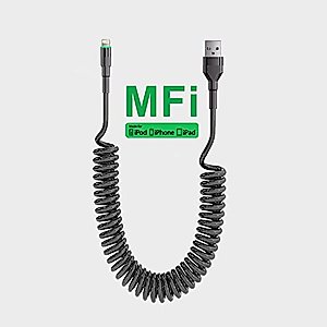 Coiled Lightning Cable Carplay[Apple Mfi Certified], USB to Lightning Cable Fast Data Sync with LED, Short Retractable iPhone Charger Cord for Car Compatible with iPhone 14/13/12/11 Pro Max/Pro/Xs Max