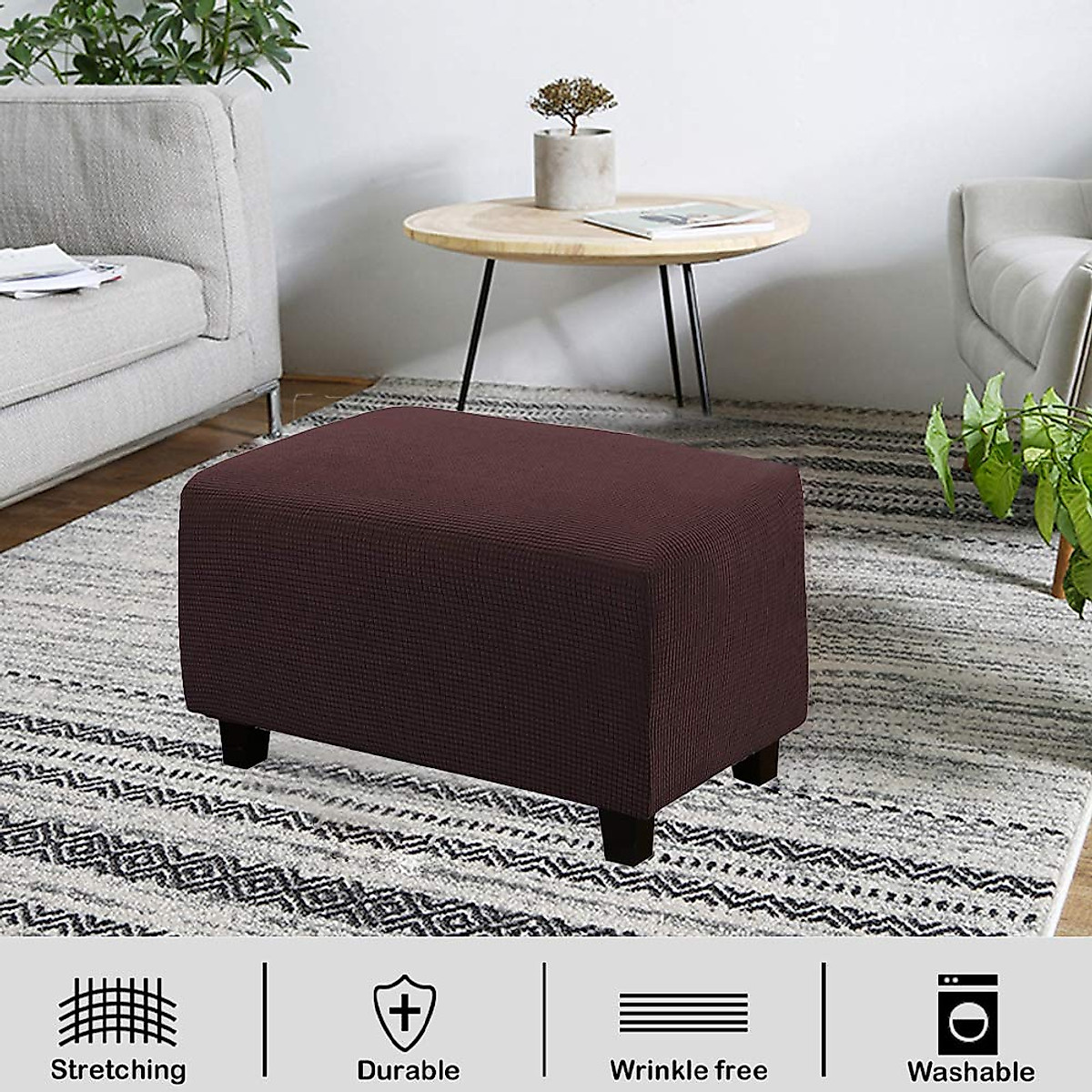 VIENLOVE Rectangle Ottoman Slipcover Polyester Blend Footstool Protector Covers Stretch with Elastic Bottom Feature Textured Machine Washable Jacquard Fabric (Chocolate, X-Large Size)