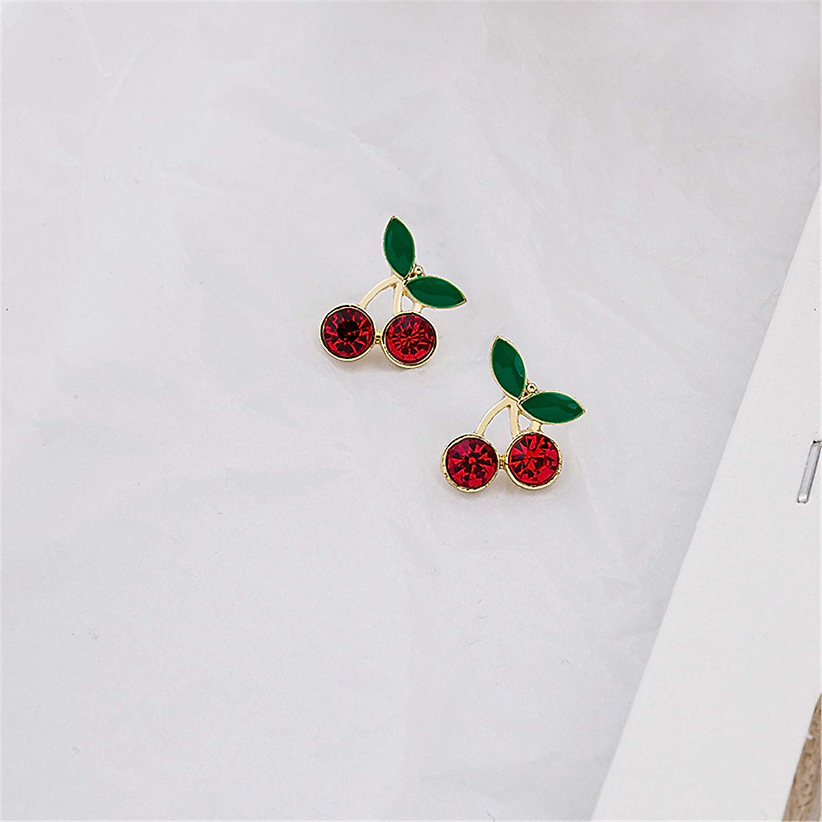 coadipress 18K Gold Plated Red Cherry Stud Earrings for Women Elegant Shining Green Emerald Leaf CZ Crystal Ruby Cherries Post Earring (Cherry)
