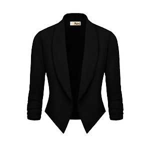 Hybrid & Company Lightweight Open Front Cardigan Classic Ruched Sleeve Work Office Blazer Suit Jackets Black