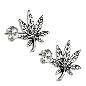 Marijuana Pot Leaf Cannabis .925 Sterling Silver Stud Post Earrings
