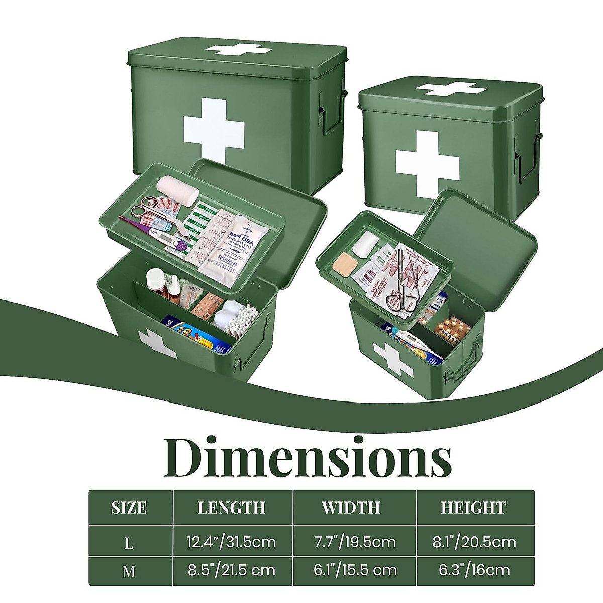 Flexzion First Aid Box Organizer Empty 13" Green Vintage First Aid Kit Tin Metal Medical Box - First Aid Storage Box Container Bins with Dividers, Removable Tray and White Cross Logo