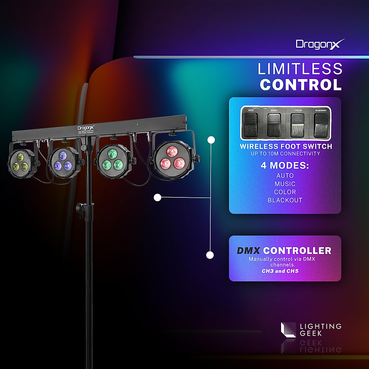 DragonX 4 Gigbar DJ Stage Light Stands with DMX LED, Mobile DJ Lighting Packages, Par Can Spotlight, Sound Activated Strobe for Party, Wedding, Church, DJ Stand for Lights