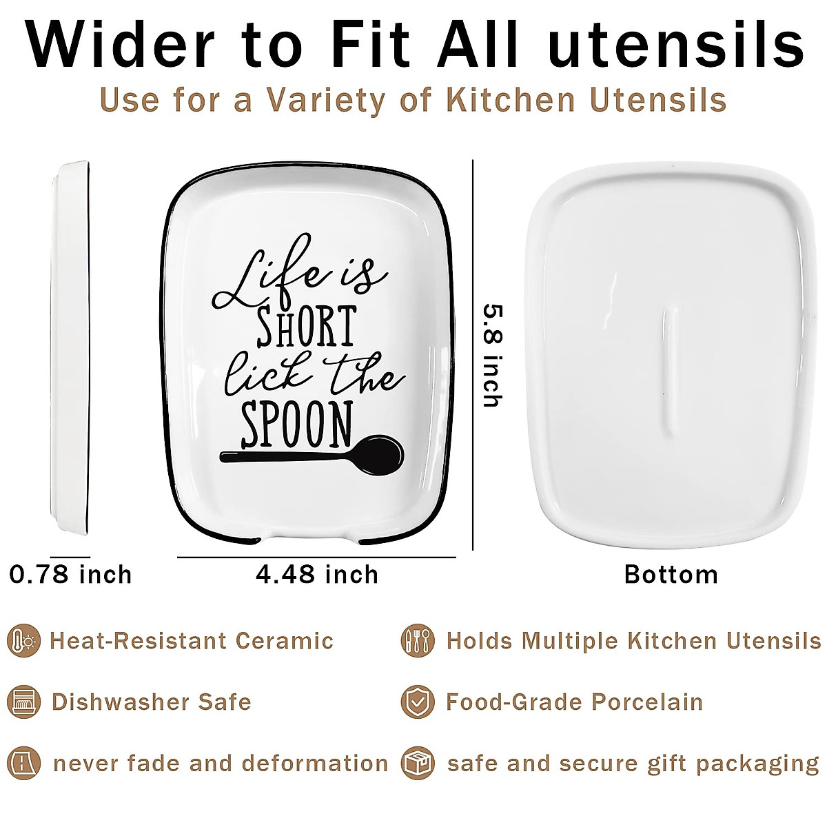 Hvukeke Ceramic Spoon Rest for Stove Top, Funny Life is Short Lick the Spoon White Spoon Holders for Kitchen Counter, Modern Farmhouse Kitchen Cute Decor