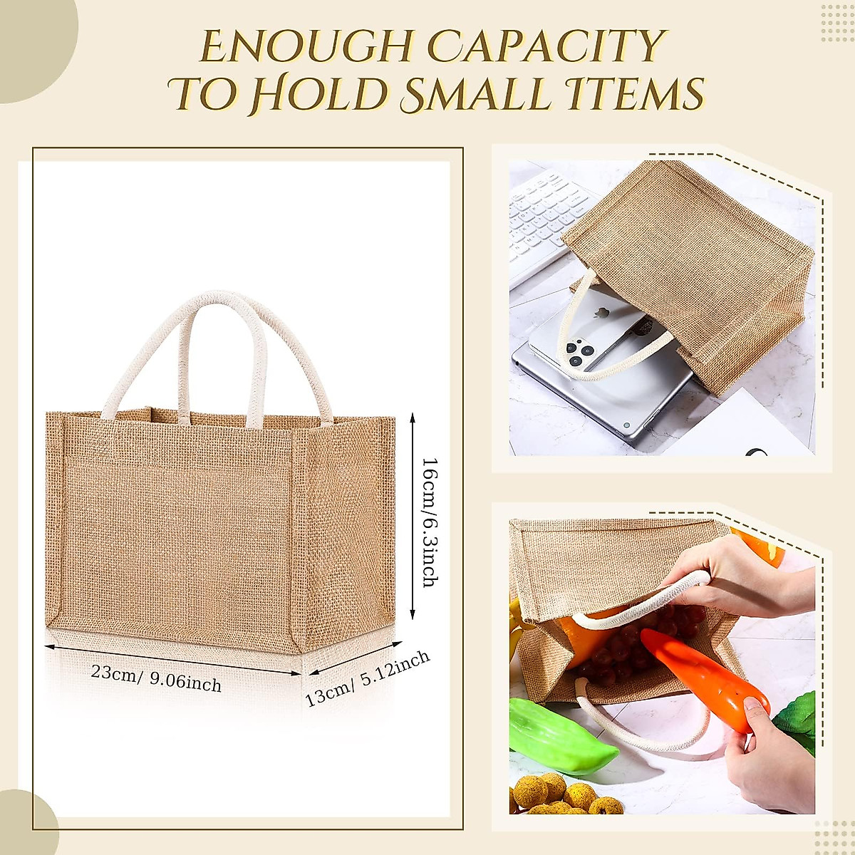 Cunno 12 Pcs Burlap Tote Bags Mini Jute Reusable Bag with Handles Small Blank Canvas Gift Bag Water Proof for Wedding Beach DIY 9.06x5.12x6.3inch(Classic Style)