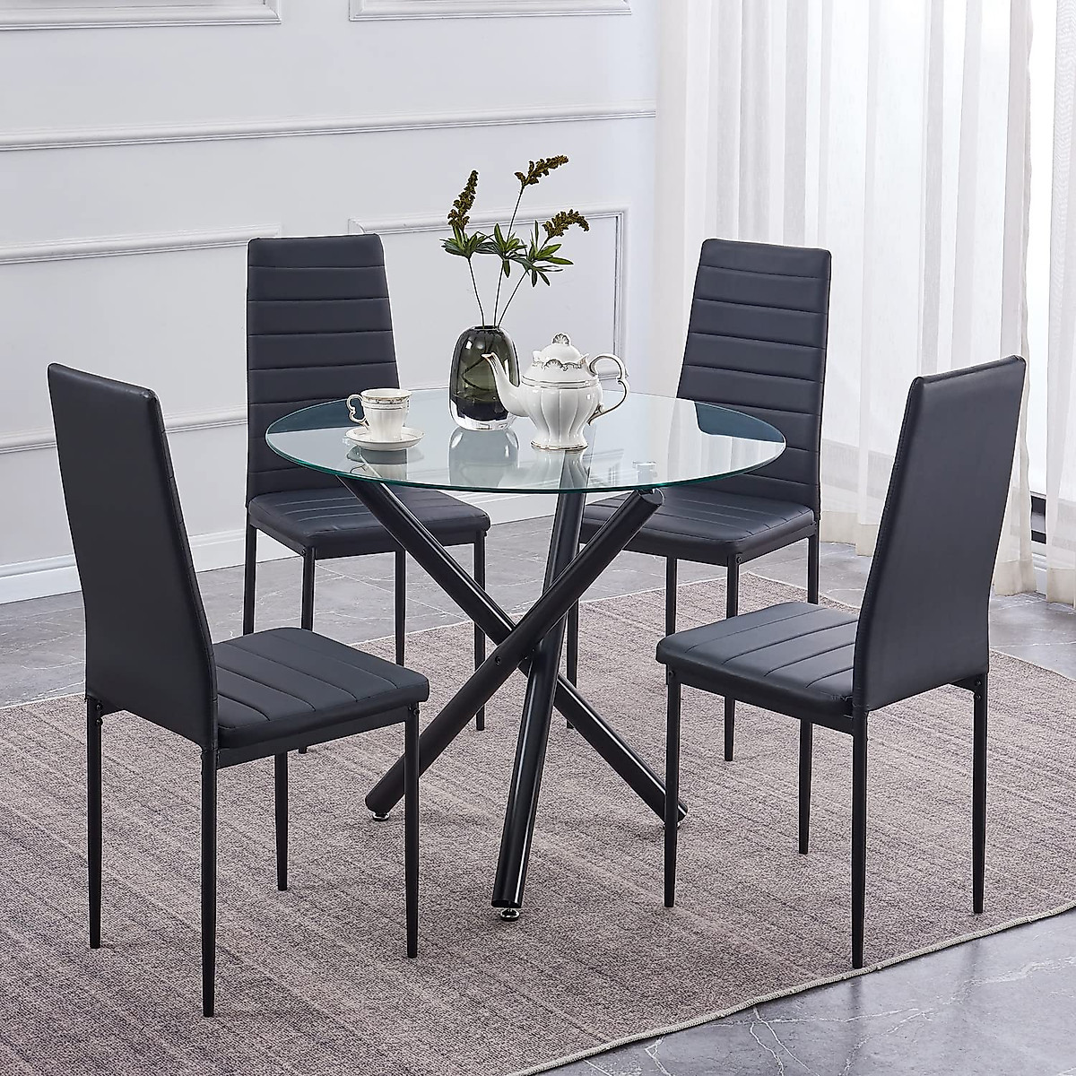 ROZHOME Dining Table Set for 4, 35" Round Glass Table and Faux Leather Metal Chair for Home Office, Kitchen, Dining Room, Apartment, Space Saving (Matte Black+black, Table & 4 Chairs)