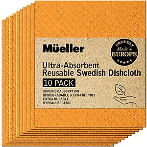 Mueller Ultra-Absorbent Reusable Swedish Dishcloth, Cellulose Sponge Cloths, Extra Durable 10-Pack Hand Towel, Eco-Friendly and Hypoallergenic Cleaning Dish Cloths for Kitchen, Orange