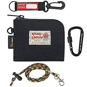 Rough Enough Small Coin Purse Pouch Slim Credit Card Holder Wallet for Men Women Teen Boys with Neck Lanyard Keychain Zipper in Black Cordura