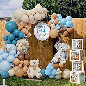 RUBFAC Blue Brown Balloon Garland Arch Kit, 142pcs Bear Baby Shower Decoration for Gender Reveal and Birthday Party Decoration, Jungle and Boho Theme Party Decoration