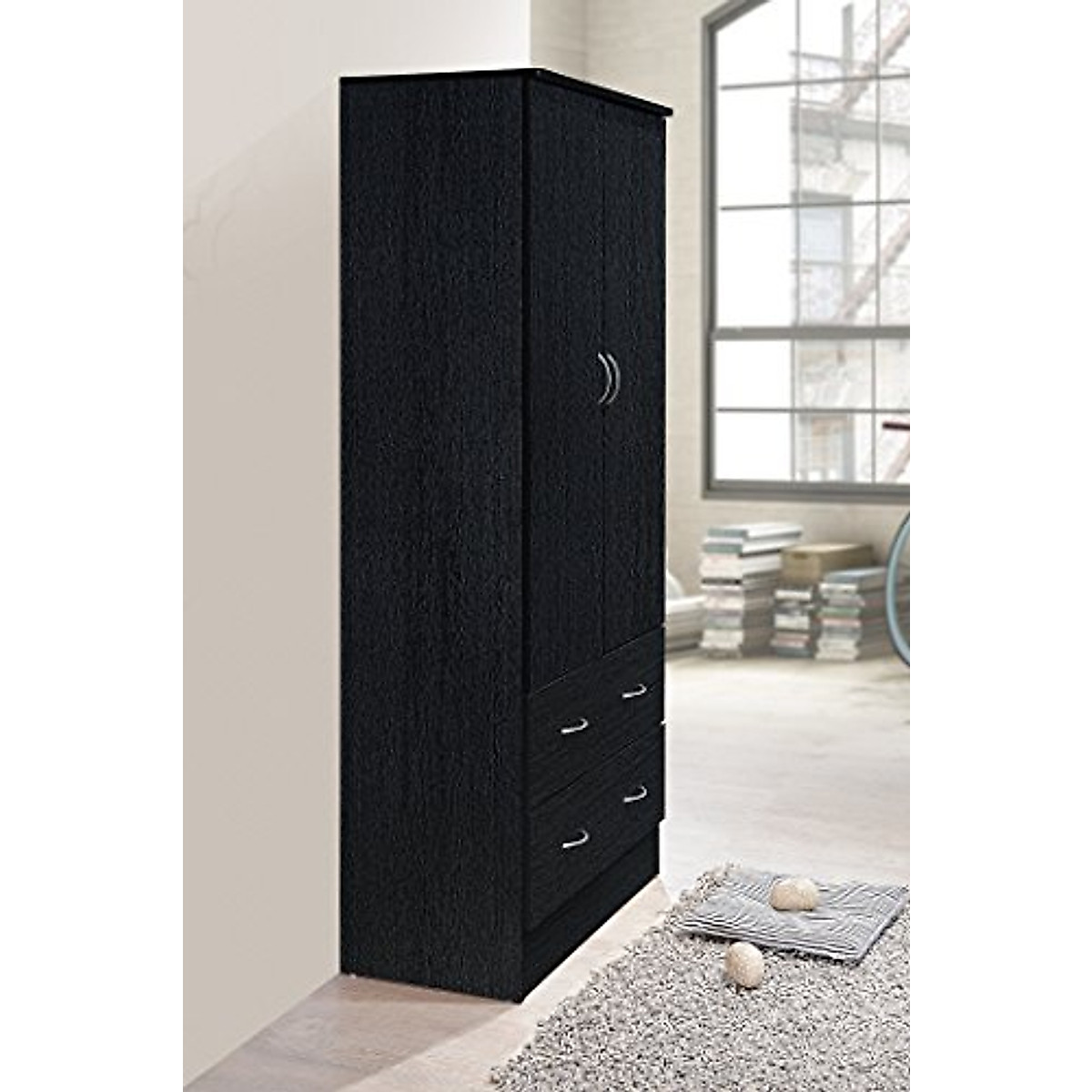 HODEDAH IMPORT Two Door Wardrobe, with Two Drawers, and Hanging Rod, Black