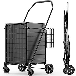 [2023 Upgrade] Shopping Cart with 360°Swivel Wheels,Waterproof Liner, Double Basket,Portable Foldable Grocery Cart, Folding Utility Shopping Carts for Seniors,Groceries,Laundry,Transport