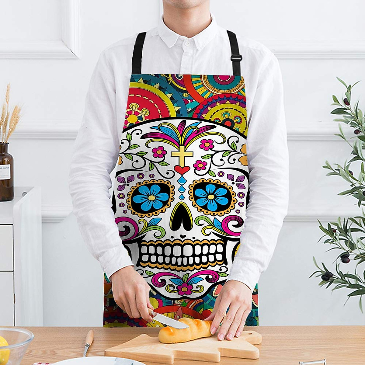 SSOIU Skull Cooking Apron, Art Floral Sugar Skull Kitchen Apron For Baking/BBQ Men Women Unisex Waterproof 31X27 Inches