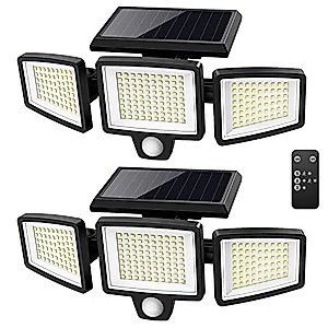 Tuffenough Solar Outdoor Lights 2500LM 210 LED Security Lights with Remote Control,3 Heads Motion Sensor Lights, IP65 Waterproof,270° Wide Angle Flood Wall Lights with 3 Modes(2 Packs)