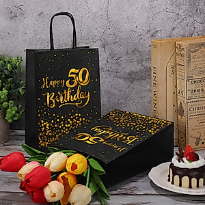 MIMIND 24 Pieces Black Gold 50th Birthday Gift Bags Kraft Paper Bags Party Favor Bags Goodie Candy Bags for Birthday Wedding Party Supplies