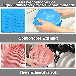 LOMSIOY 2 Pack Air Fryer Silicone Pot Reusable Round Air Fryer Oven Accessories with Handle Silicone Liner Tray Kitchen Accessories 8.4 Inch (Pink Blue)