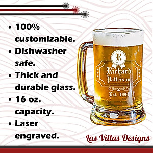 Personalized 16.oz Beer Mug | Badge Design | Clear Glass | Custom Made | Perfect for wedding gifts, anniversaries, birthday gifts, home warming gifts or graduation