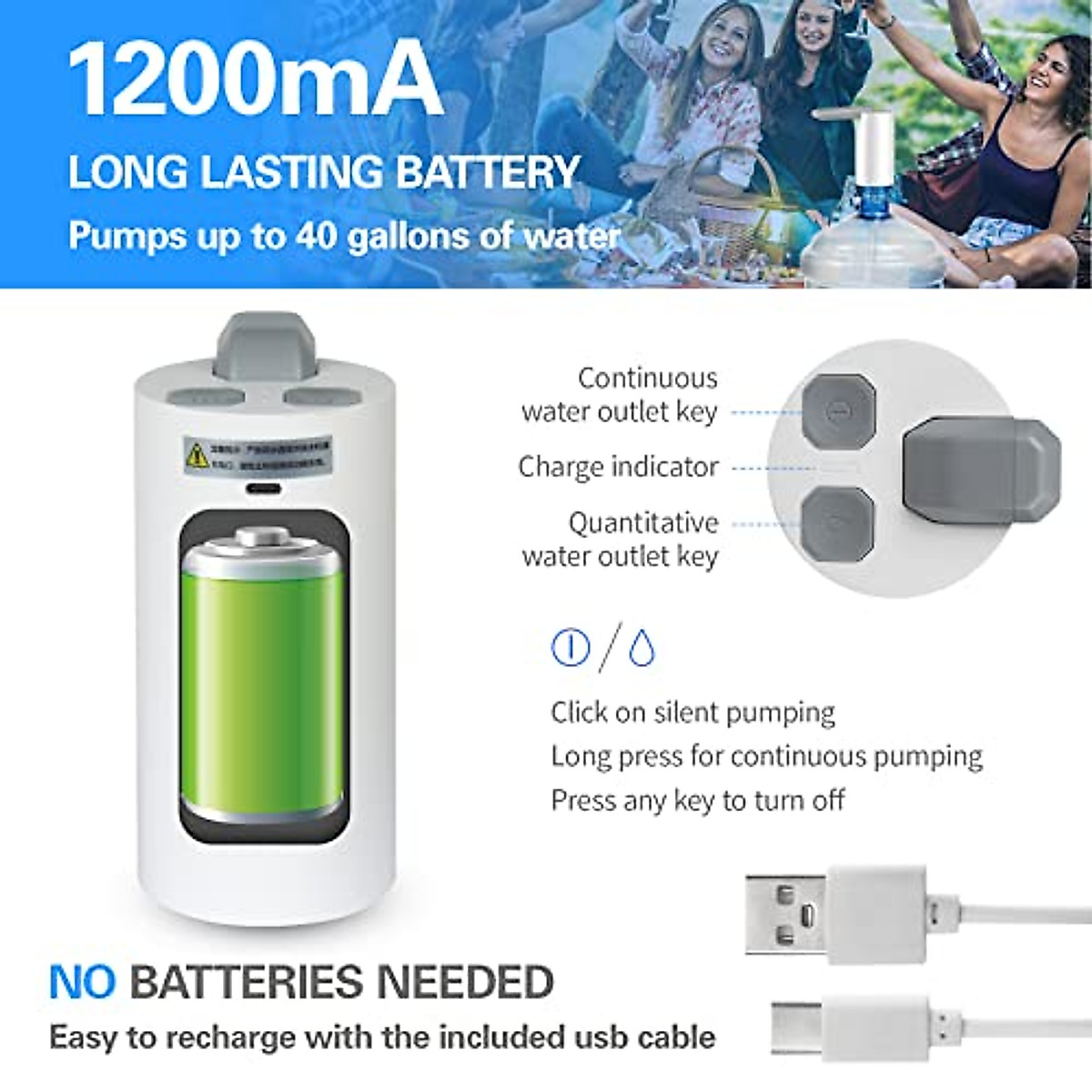 Water Bottle Pump Dispenser, Keweis Desktop Electric Water Dispenser, Automatic Drinking Water Pump for for 5 Gallon & Universal Bottles, Portable Water Jug Pump for Home, Office, USB Charging