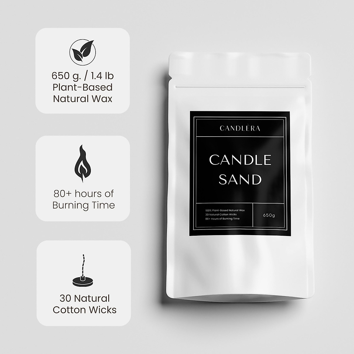 Candlera Pearled Candle Sand - 650g / 23 oz +30 Cotton Wicks, Unscented, Non-Toxic Luxury Candle Powder, Long-Lasting 80+ Hours, Eco-Friendly, Refillable White Candle with 30 Wicks Included