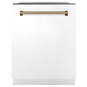 ZLINE Autograph Edition 24" 3rd Rack Top Touch Control Tall Tub Dishwasher in White Matte with Champagne Bronze Handle, 51dBa (DWMTZ-WM-24-CB)