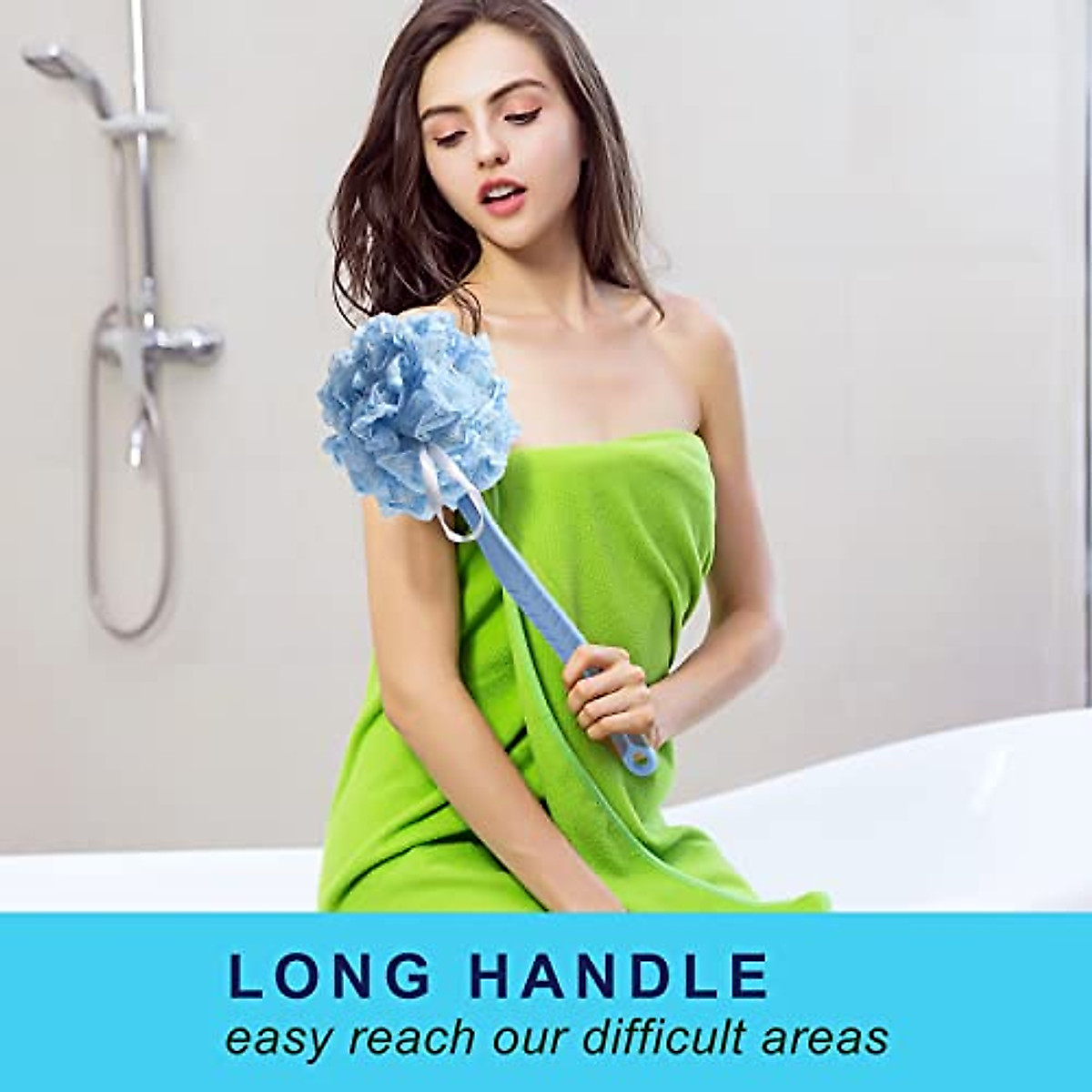 [2nd Generation] Shower Body Brush with Bristles and Loofah,Back Scrubber Bath Mesh Sponge with Curved 16" Long Non-Slip Handle Skin Exfoliating Massage Suitable for Men and Women (Blue)