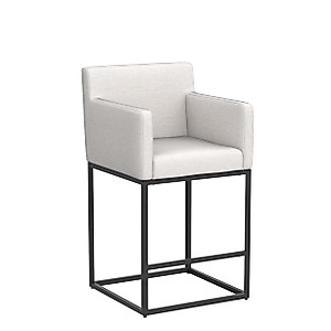 Modern Counter Height Bar Stools Set of 2, Linen Fabric Upholstered Bar Stools with Backs, 26 Inch Kitchen Island Stools with Black Metal Frame, Cream