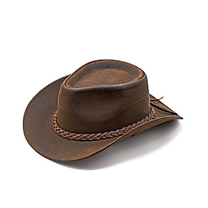 HADZAM Block Made of Grain Leather Cowboy hat for Men & Women Shapeable into Outback hat Great for Western Vintage Looks. Red Brown