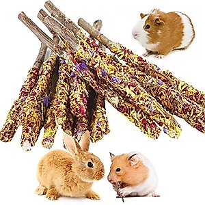 Abizoo Bunny Chew Toys for Rabbits,18PCS Natural Apple Wood Sticks with Petals Good for Chinchillas Guinea Pig Hamster Teeth Care, Bunny Small Pet Treats Teething Toys| Natural Organic Safe