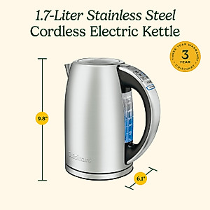 Electric Kettle by Cuisinart, 1.7-Liter Capacity, Cordless 1500-Watts for Fast Heat Up, Stay Cool Non-Slip Handle, Stainless Steel, CPK-17P1