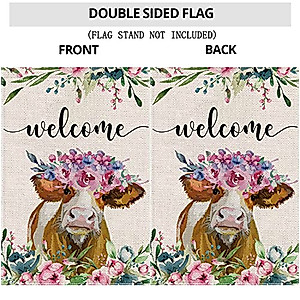 Spring Welcome Cow with Flowers Garden Flag for Outdoor Small Yard Flag for Outside Seasonal Decor for Summer Farmhouse Holiday 12x18 Inch Double Sided