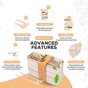 TARLINI | Premium Beige Bento Box for Adults - 3-Stackable Containers - Ideal for Work & On-The-Go - Includes Utensil Set - Eco-Friendly Design - Lunch Box Containers for Healthy Meal Prep | 35 oz