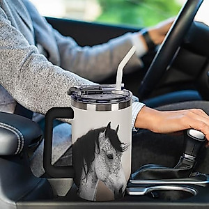 STVNKML 40 Oz Tumbler with Handle Black And White Horses Stainless Steel Coffee Mug Reusable Travel Mug Leak-proof Insulated Car Cup Large Capacity Tumbler for Travel, Outdoor, Home Use (Black)
