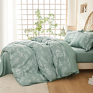 MUXHOMO Duvet Cover Queen Size, Reversible Floral Green Duvet Cover Set with Zipper Closure, 3 Pieces Botanical Patterns Soft Microfiber Bedding Set with 4 Ties (90"x90", 2 Pillow Cases)
