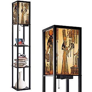 CVNWGKOMQP Ancient Egyptian Papyrus Stock Illustration Floor Lamp with Shelves Tall Standing Lamp Wood Standing Light Linen Shade Bedside Lamp for Living Room Bedroom Modern Home Decor