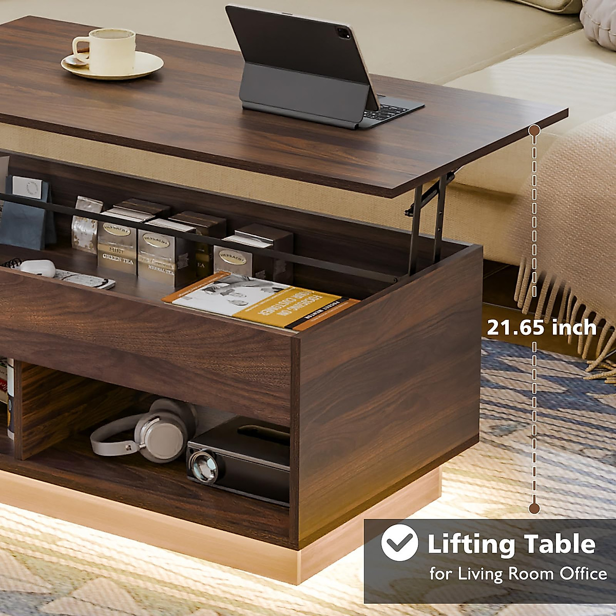 HOMMPA Lift Top Coffee Table with Hidden Storage LED Coffee Table Dark Walnut Living Room 3 Tiers Tea Table with Storage Center Tables Hidden Compartment & 2 Open Shelves
