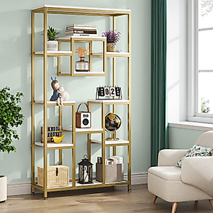 Tribesigns Bookcases and Bookshelves, 71” Tall Bookshelf with Metal Frame, Freestanding Geometric Bookcase with Open Display Shelf for Living Room, Bedroom, Home Office, White and Gold