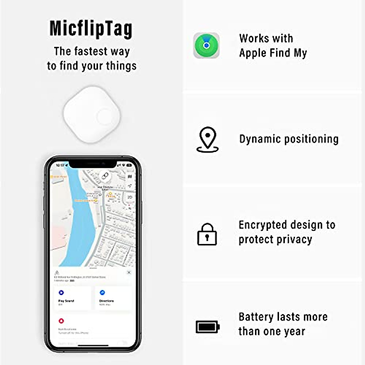MICFLIP Key Finder (White, 1-Pack), Android Not Supported, Works with Apple Find My (iOS Only), Key Finder, Bluetooth Tracker for Earbuds and Luggage, Phone Finder, Waterproof