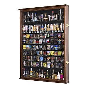 XL Shot Glass Display Case Rack Holder Cabinet for Tall Shooter and Mini Liquor Bottle -Walnut