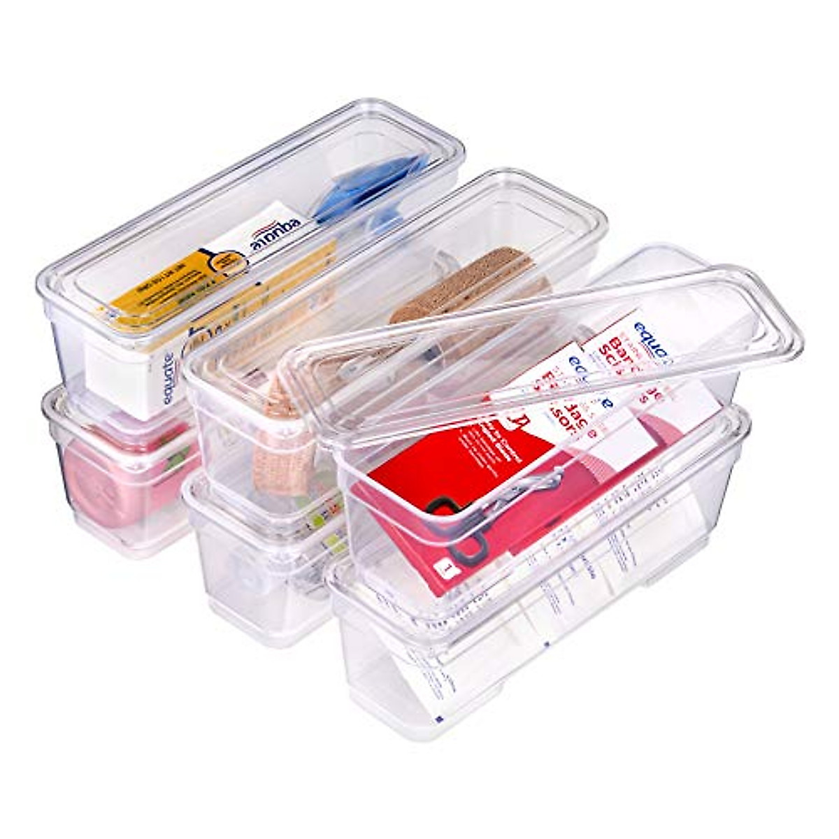 AB Designs Bin Pack, [6] Long Home Organizer Storage Boxes with Lids, Translucent Clear