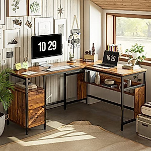 CubiCubi L Shaped Desk with File cabinets, 59.1 Inch Corner Computer Desk, Home Office Gaming Writing Workstation with Storage Shelves, Deep Brown