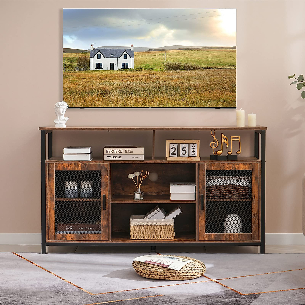 usikey Industrial TV Stand for 60 Inch TV, Entertainment Center, TV Cabinet with Storage Shelves, Media TV Console, Home Living Room Storage Cabinet for TV, Rustic Brown