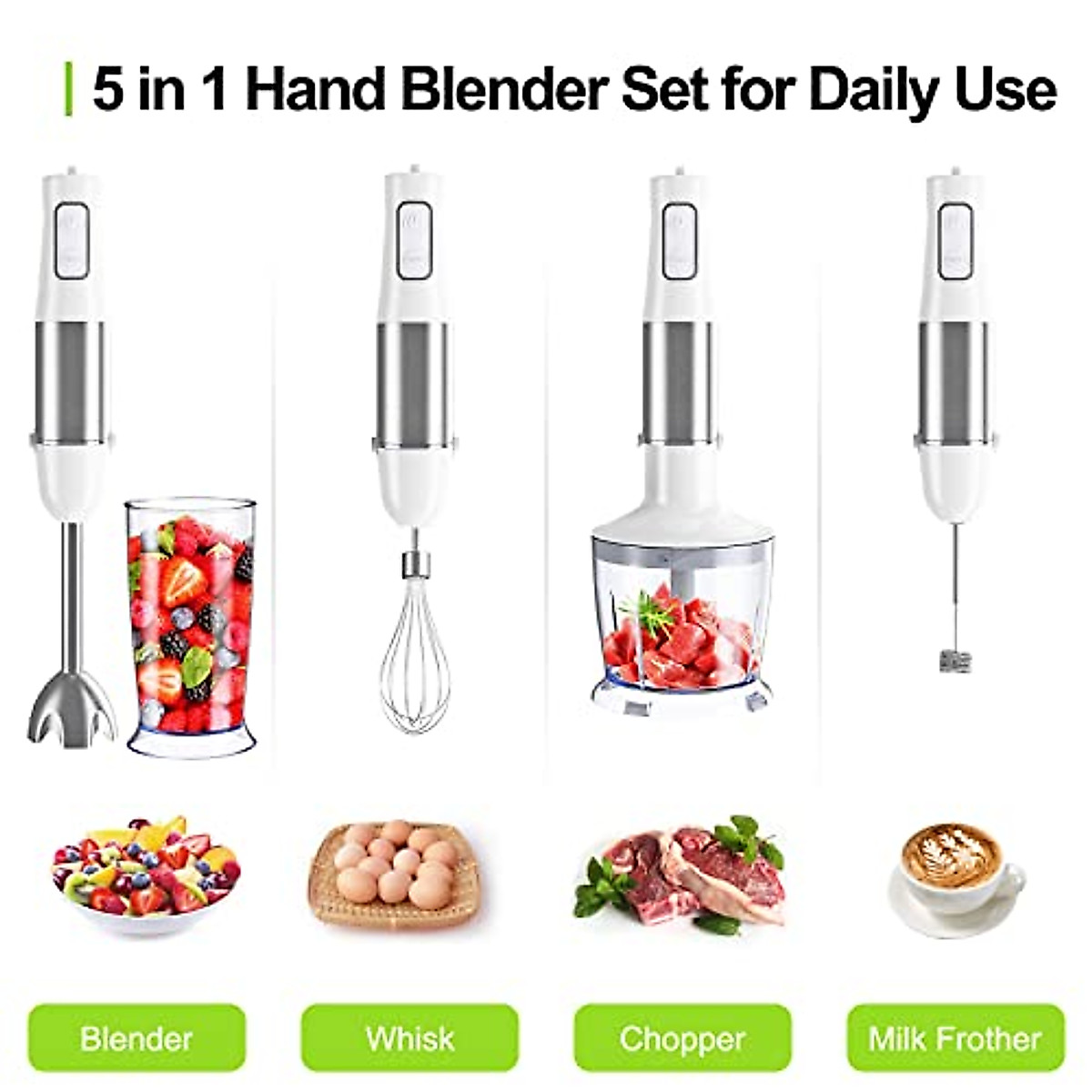 Immersion Blender Handheld, 5 in 1 Multi-purpose Hand Blender Electric 500W 6-Speed with Turbo Mode, Stick Blender with 500ml Food Chopper, 600ml Beaker, Stainless Steel Egg Whisk, Milk Frother (5 in 1)