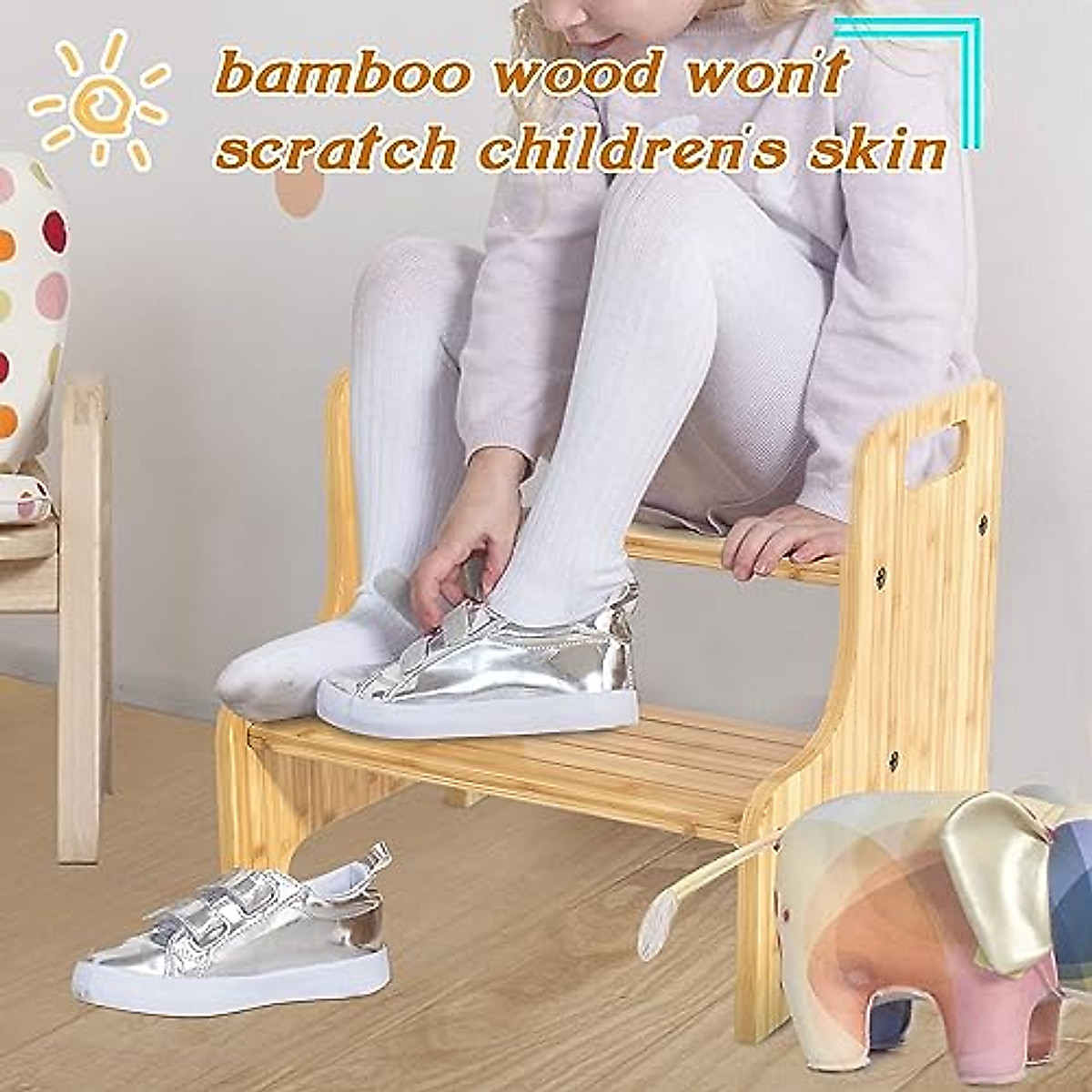 C&AHOME Wooden Toddler Step Stool - Kids Step Stool for Bathroom Sink - Wood Child Step Stool Non-Slip - Sturdy Natural Wood Two Step Stools with Handles for Kids