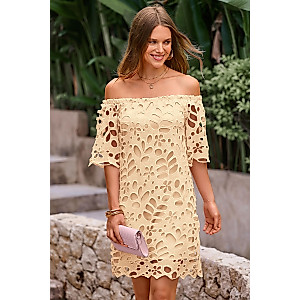 PRETTYGARDEN Women's Summer Off Shoulder Vintage Floral Lace Flare Short Sleeve Loose Elegant Mini Dress (Apricot,Medium)