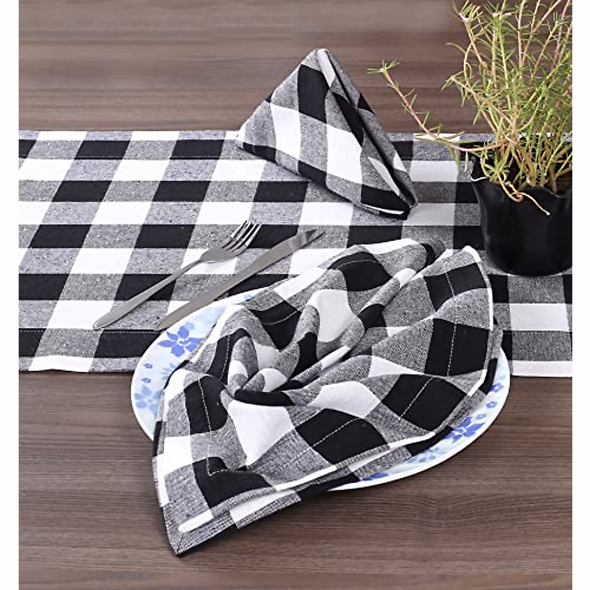 Cloth Dinner Napkins, Cloth Napkins Set of 4 Hemmed, Check Napkins, Napkin Cloth Washable, Buffalo Check Napkins Cloth Washable, Fall Cloth Napkins, Napkins Mitered Corner - 18x18 Inch - Black White