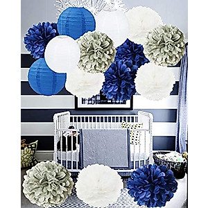 Kubert Outer Space Birthday Party Decorations 1st Birthday Boy Prince Party Decorations with Navy Silver Tissue Pom Poms Decorations Happy Birthday Banner Navy Blue Glitter Silver Paper Star Garlands