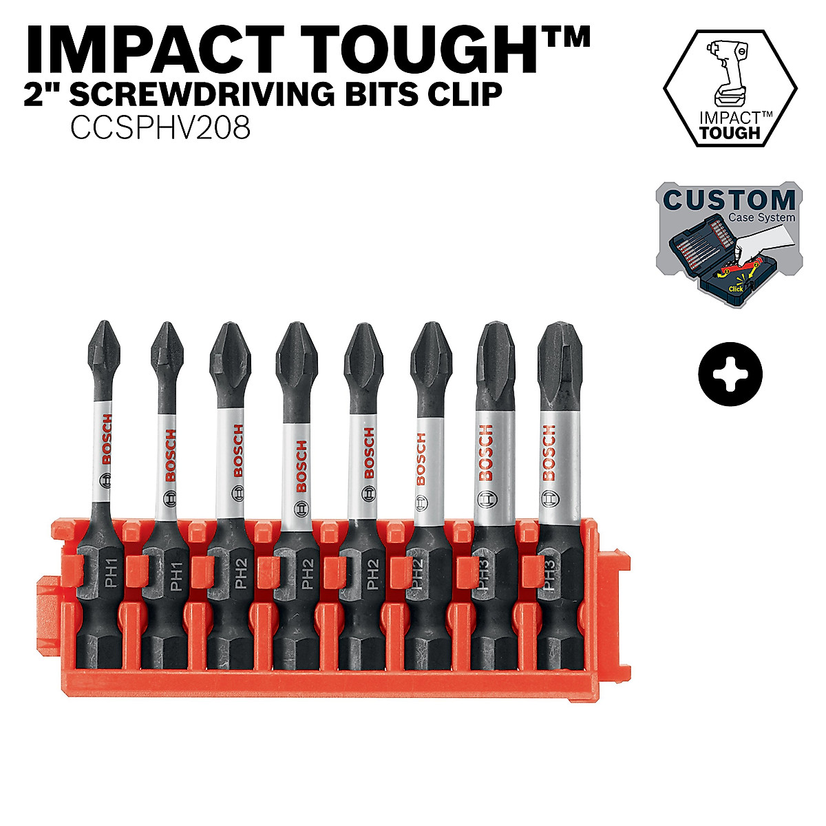 BOSCH CCSPHV208 8-Piece Assorted Set 2 In. Impact Tough Phillips Power Bits with Clip for Custom Case System