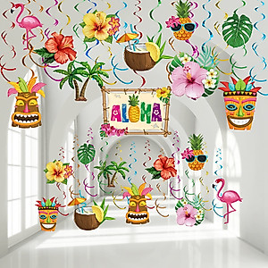 30 Pieces Hawaiian Luau Birthday Party Hanging Swirl Decorations, Flower Tropical Palm Flamingo Sign Foil Ceiling Decor for Floral Tropical Party Summer Beach Pool Party Tiki Party Supplies (Summer)