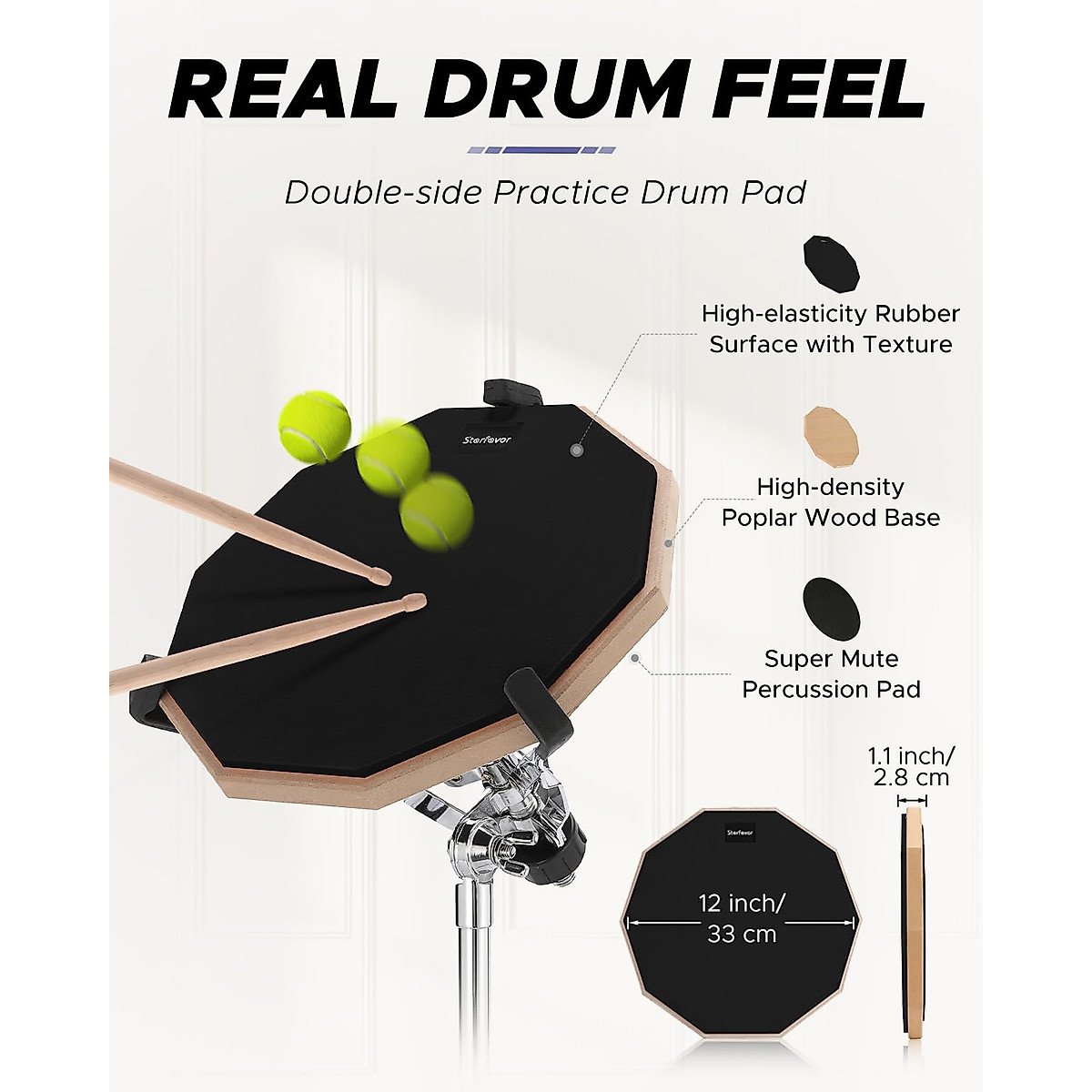Starfavor Drum Practice Pad with Snare Drum Stand Set, 12-Inch Double Sided Silent Practice Pad Kit with Drum Sticks, Drumstick Holder, Luminous Carrying Bag, Black (Fits 8''-15'' Drums)