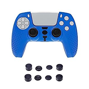 Silicone Cover Skin Case Accessories for Sony PS5 Controller with Pro Thumb Grips Caps Set Blue
