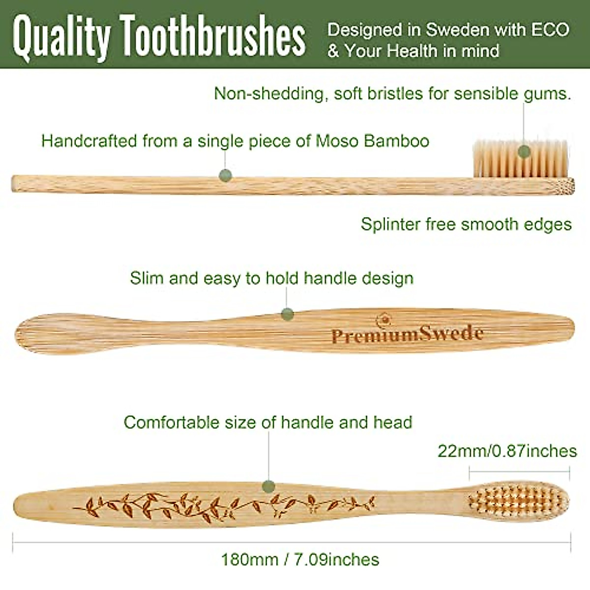 Premiumswede Bamboo Toothbrushes - Biodegradable Eco Friendly Soft Toothbrushes for Adults, Kids - Natural Wooden Toothbrushes with Soft Bristles - 10 Pcs Family Toothbrush Pack